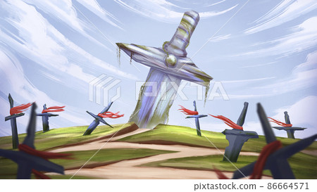 Landscape of Giant Broken Sword on Hill... - Stock Illustration ...