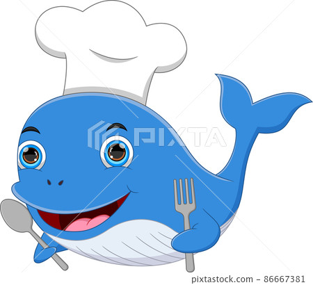 cartoon cute chef whale holding spoon and fork - Stock Illustration ...