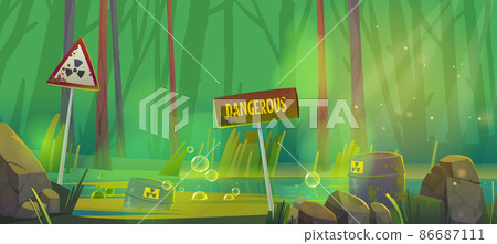 Stench dirty swamp with toxic waste barrels-插圖素材 [86687111] - PIXTA圖庫