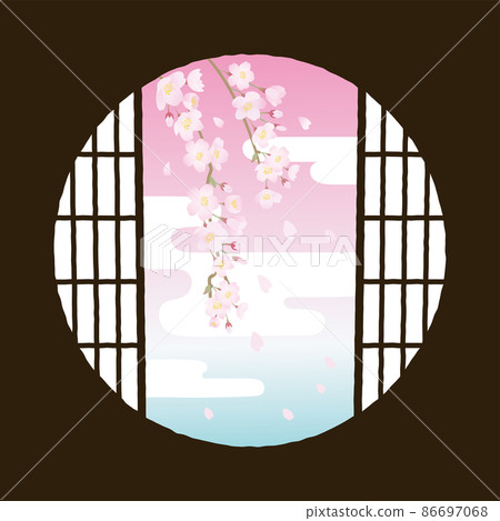 Sakura round window Japanese style background - Stock Illustration ...
