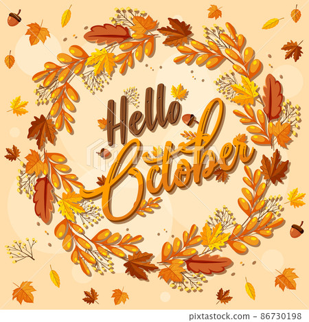 Hello October logo with ornamental autumn leaf - Stock Illustration ...
