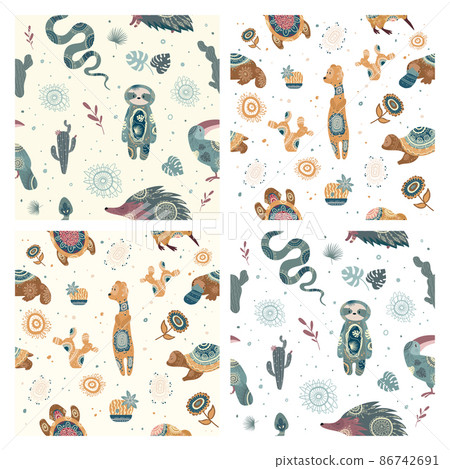 Set of patterns with animals in decorative... - Stock Illustration ...