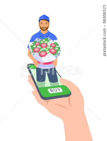 Fresh flowers express delivery. Delivery man... - Stock Illustration ...