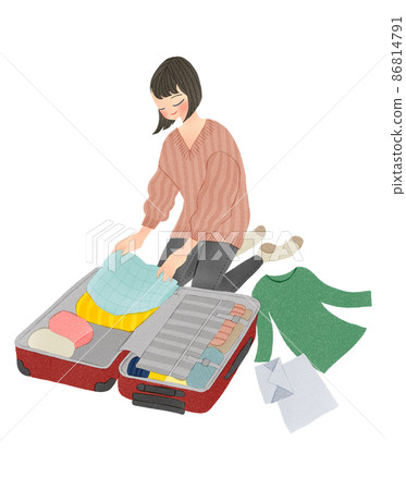 Hand-drawn illustration of a woman packing a trip - Stock Illustration ...