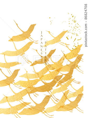Crane birds pattern with gold texture in... - Stock Illustration ...