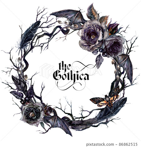 Watercolor Floral Halloween Wreath with Evil... - Stock Illustration ...
