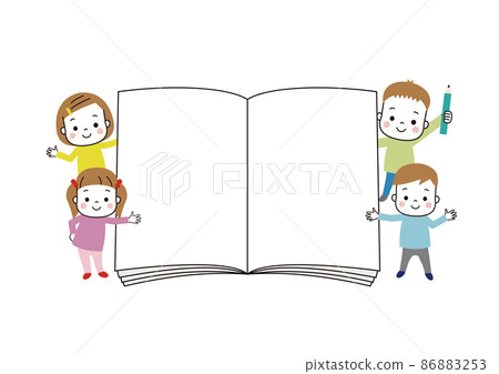 An open blank notebook and the four children... - Stock Illustration ...