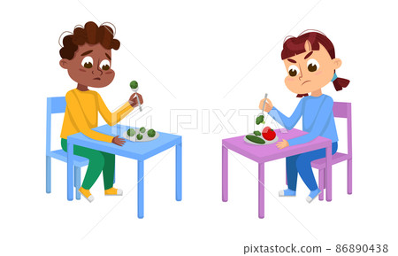 Boy and girl sitting at table eating... - Stock Illustration [86890438 ...
