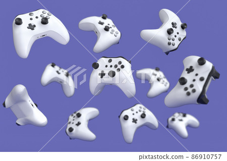 Flying gamer joysticks or gamepads on purple... - Stock Illustration ...