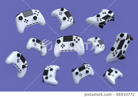Flying gamer joysticks or gamepads on purple... - Stock Illustration ...