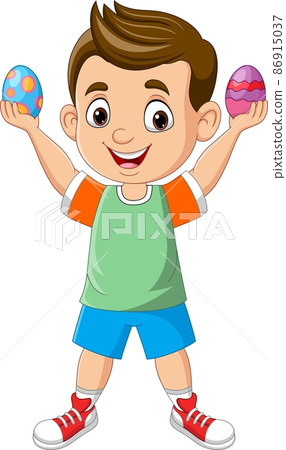 Cartoon little boy holding two easter eggs in hand - Stock Illustration ...