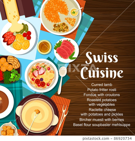 Swiss cuisine menu cover, Switzerland food... - Stock Illustration ...