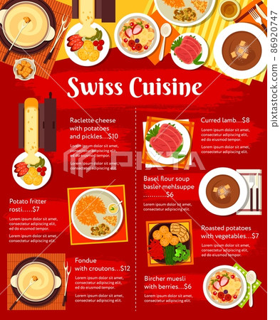 Swiss cuisine menu food dishes, lunch and... - Stock Illustration ...