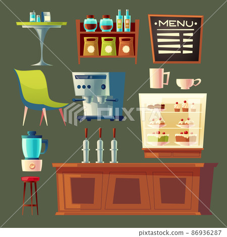 Vector cartoon cafe set, cafeteria interior,... - Stock Illustration ...