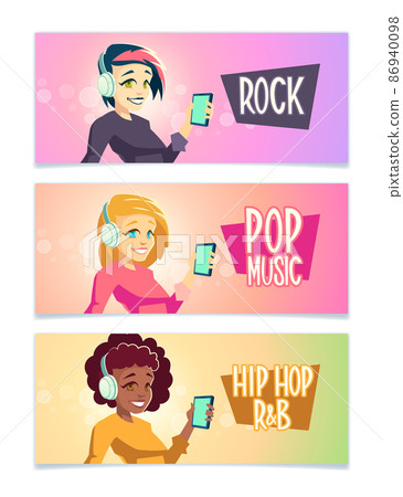 Music styles fans cartoon vector banners set - Stock Illustration ...