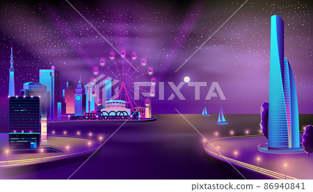 Modern city quay night landscape cartoon vector - Stock Illustration ...
