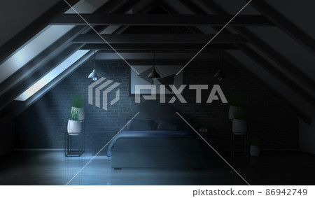 Night bedroom on attic, empty moonlight interior - Stock Illustration ...
