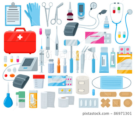 Cartoon first aid kit, medical tools and... - Stock Illustration ...