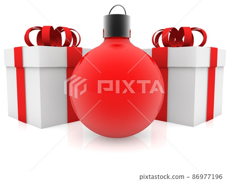 Red Christmas ball between two gift boxes - Stock Illustration ...
