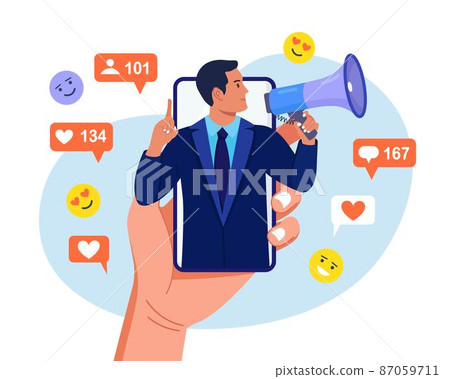 Man shouting in loudspeaker on smartphone... - Stock Illustration ...