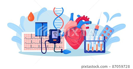Human heart with sphygmomanometer, ECG... - Stock Illustration ...
