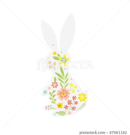 White Easter Rabbit with Flowers and Floral... - Stock Illustration ...