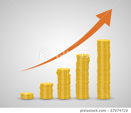 Stack of coins rising and arrow - concept of... - Stock Illustration ...