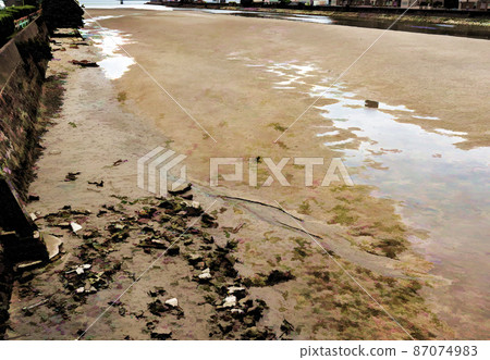 Extremely low tide of the nearby Pacific Ocean,... - Stock Illustration ...