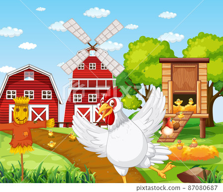 Farm scene with chicken cartoon character - Stock Illustration ...