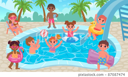Cartoon children at pool party, swimming,... - Stock Illustration ...