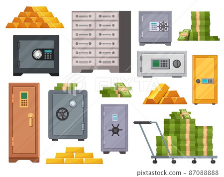 Cartoon bank vault safes, gold bars and money...-插圖素材 [87088888] - PIXTA圖庫