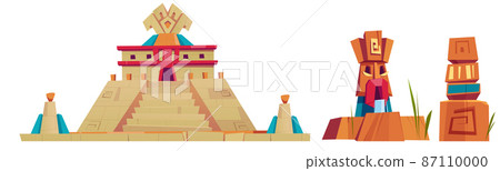 Aztec pyramids and statues, mayan city monuments - Stock Illustration ...