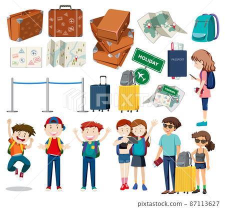 Set of traveling objects and travelers - Stock Illustration [87113627 ...