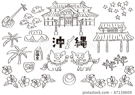 Hand-painted Okinawa illustration set line drawing - Stock Illustration ...