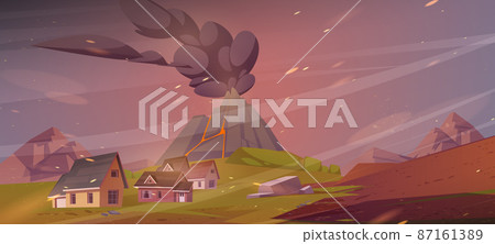 Volcano eruption scene with cottages, disaster - Stock Illustration ...