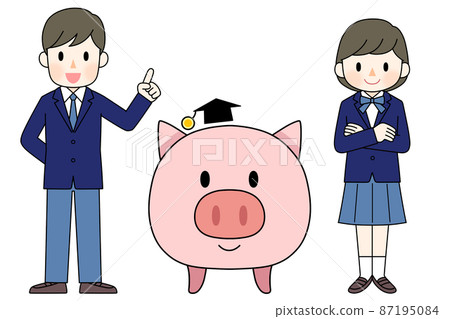 Piggy bank and smiling student men and women - Stock Illustration ...