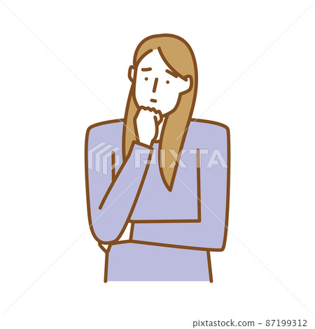 A woman who puts her hand on her chin and looks... - Stock Illustration ...