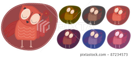 A set of multi-colored owls that hold a flower.... - Stock Illustration ...