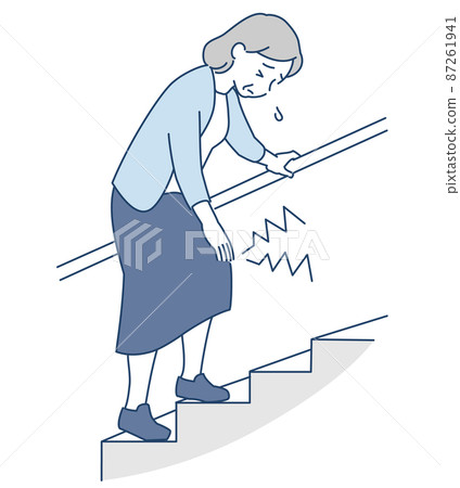 Senior woman unable to climb stairs due to knee... - Stock Illustration ...