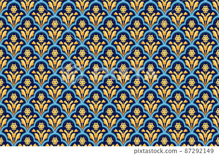 Yellow Flower on Navy Blue, White Geometric... - Stock Illustration ...