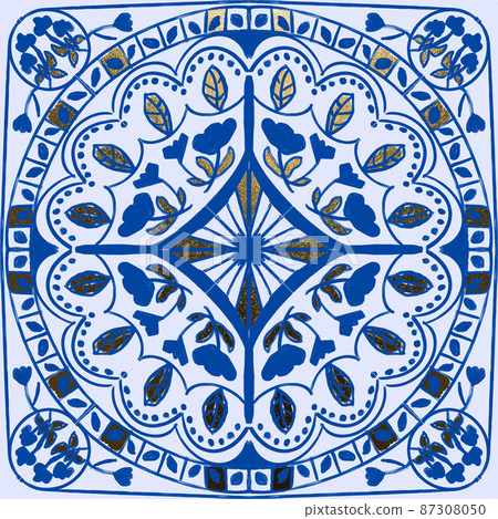 Hand Painted Mosaic Tile In Blue And White With... - Stock Illustration ...
