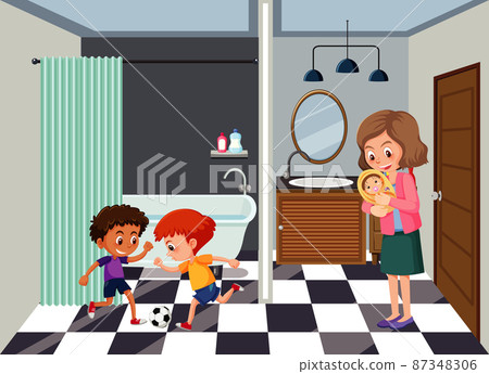 Bathroom scene with family members cartoon... - Stock Illustration ...