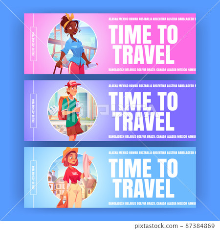 Time to travel cartoon banners, tourists with map - Stock Illustration ...
