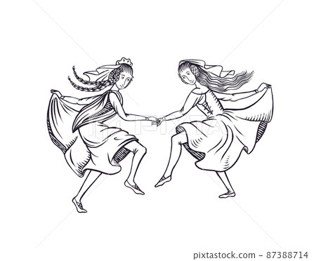 Medieval art of two middle ages women dancing,... - Stock Illustration ...