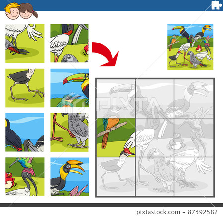 jigsaw puzzle task with cartoon birds animal... - Stock Illustration ...