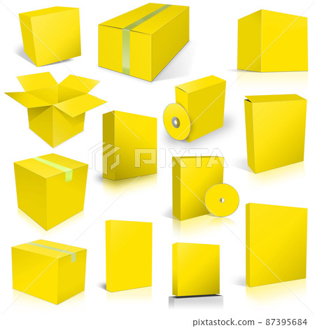 Thirteen Yellow Shipping Box and Software Boxes... - Stock Illustration ...