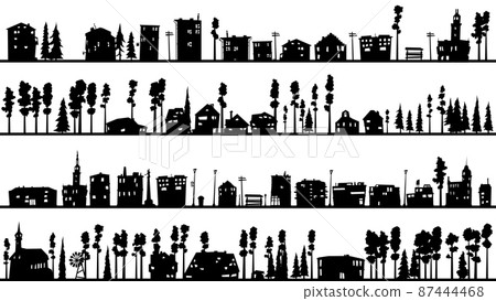 Horizontal stripe silhouettes with houses,... - Stock Illustration ...