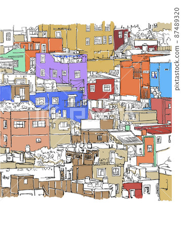 Scene street illustration. Hand-drawn ink line... - Stock Illustration ...