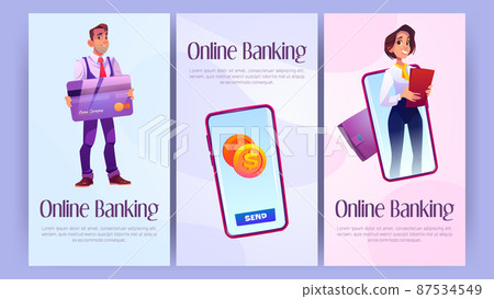 Online banking cartoon posters, money services - Stock Illustration ...