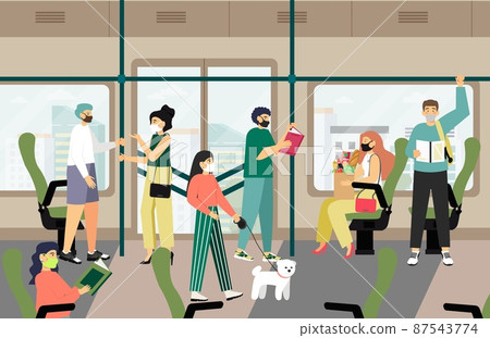 Passengers in face masks traveling by subway... - Stock Illustration ...
